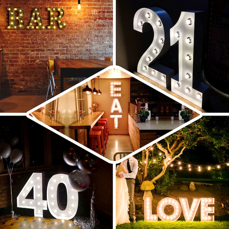 20" | Vintage Metal Marquee Number Lights Cordless With 16 Warm White ...
