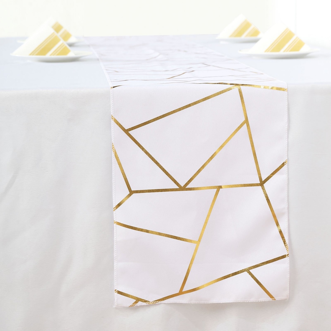 9 FT White Table Runner With Gold Foil Patterns, Geometric Table ...