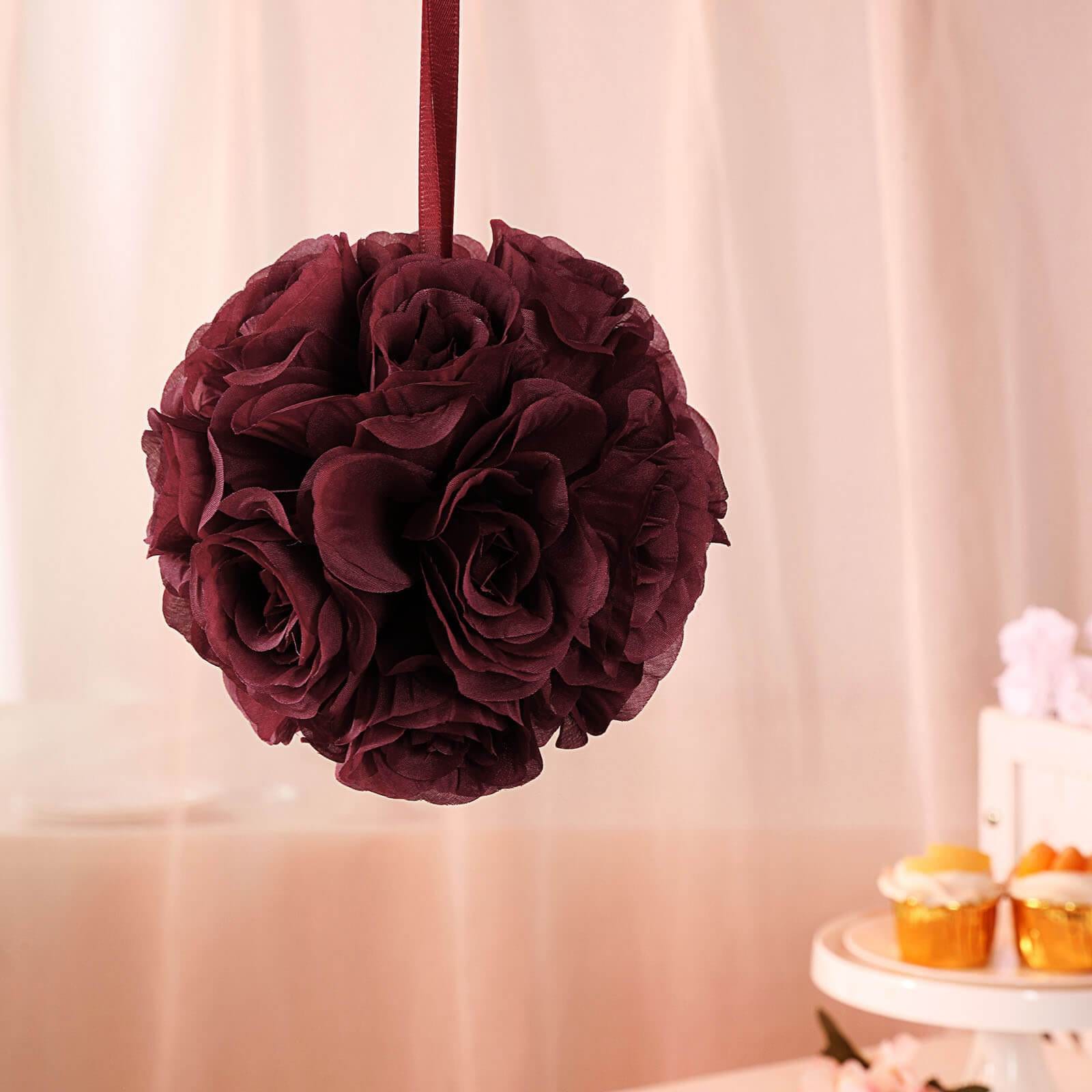2 Pack | 7" Burgundy Flower Ball, Rose Kissing Balls, Hanging Pomander ...
