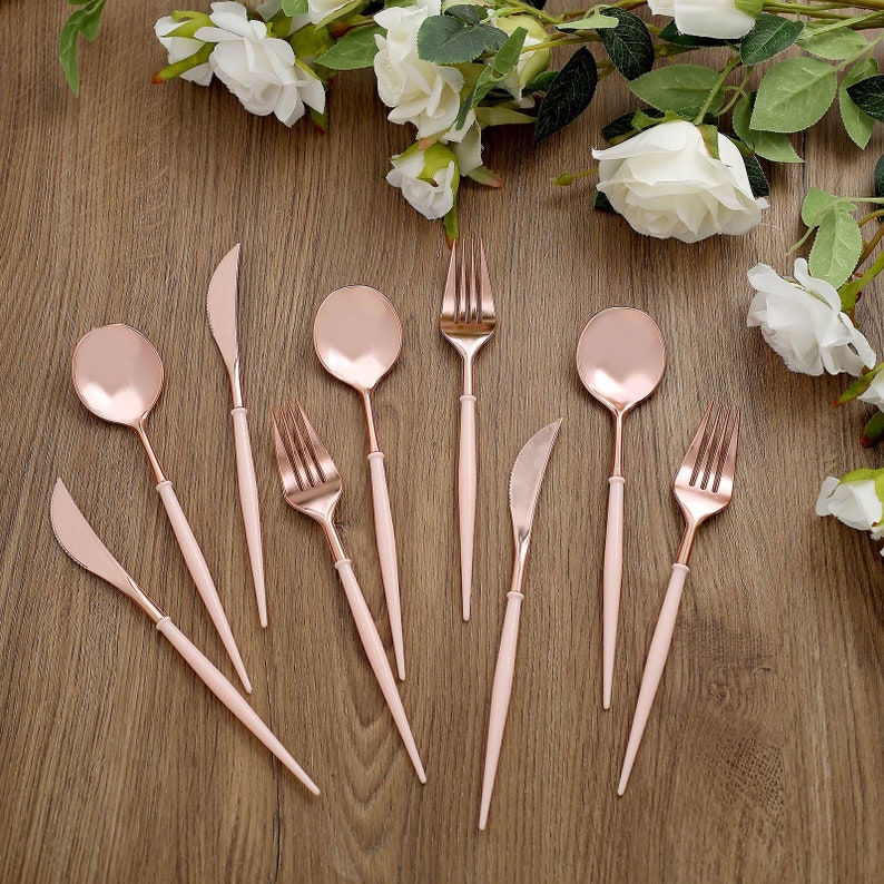 24 Pack - 8" Rose Gold Modern Flatware Set, Heavy Duty Plastic ...
