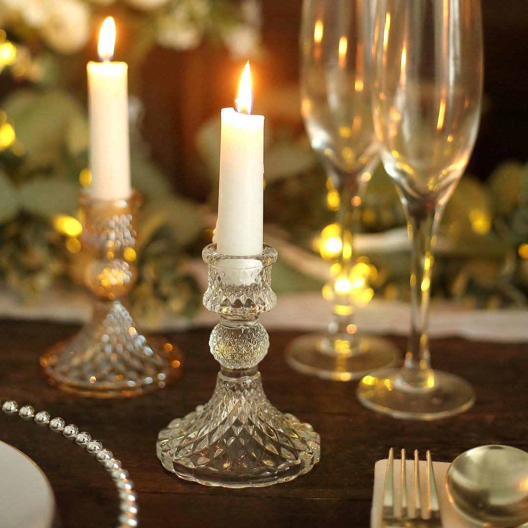 4" Clear Diamond Glass Taper Candle Holder, Candlestick Holders ...