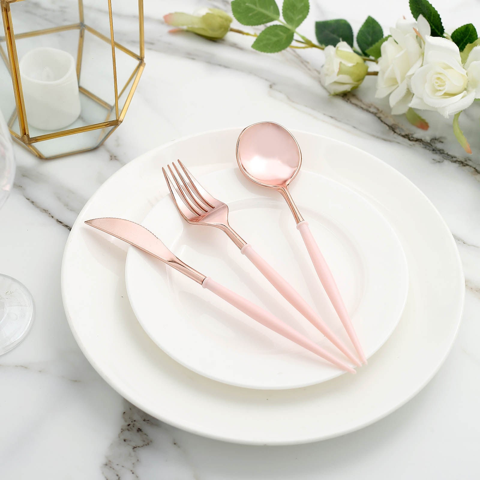 24 Pack - 8" Rose Gold Modern Flatware Set, Heavy Duty Plastic ...