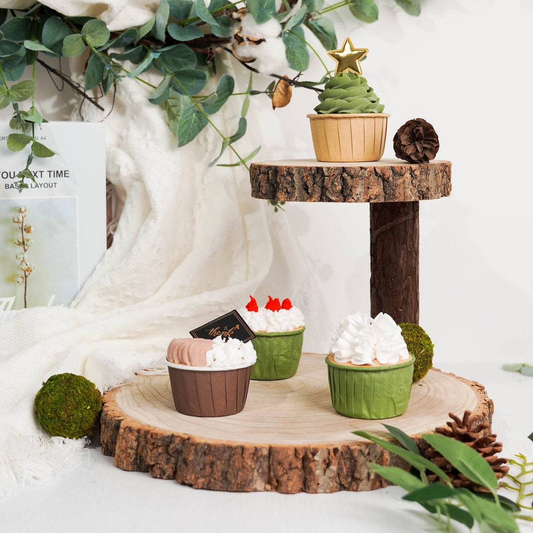 8" Tall - 2 Tier Wood Slab Food Server, Natural Paulownia Wood Slab ...