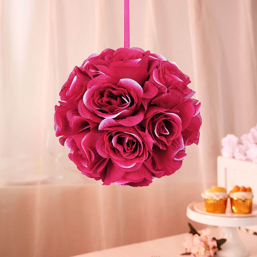 2 Pack | 7" Fushia Flower Ball, Rose Kissing Balls, Hanging Pomander ...
