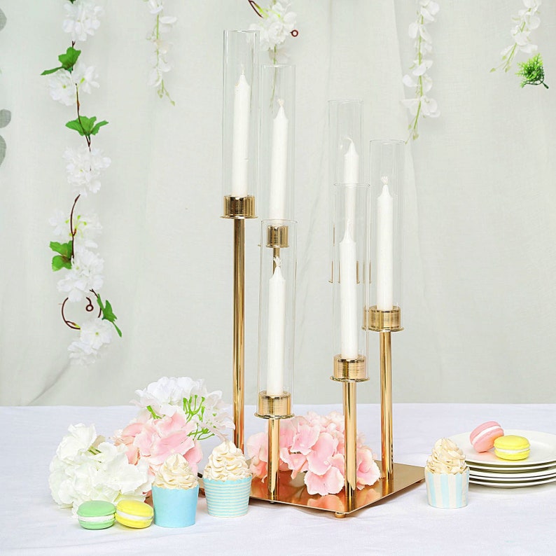 6 Arms Candelabra With Glass Shades, Large Candle Arrangement, Metal ...