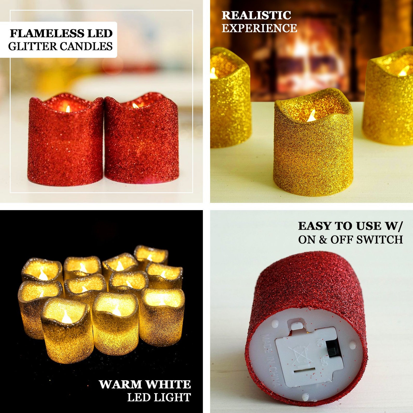 12 Pack Red Glitter LED Flameless Candles, Battery Operated Votive ...