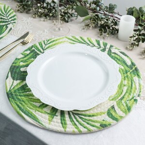 4 Pack | 15" Round Table Placemats, Green Tropical Leaf Woven Cotton ...