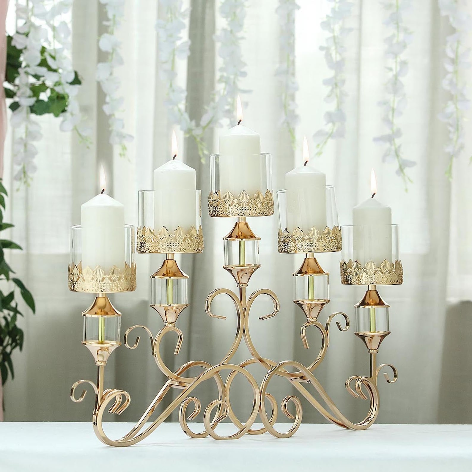 18” Tall | 5 Arm | Gold Metal Candelabra Centerpiece | Crown Top ...
