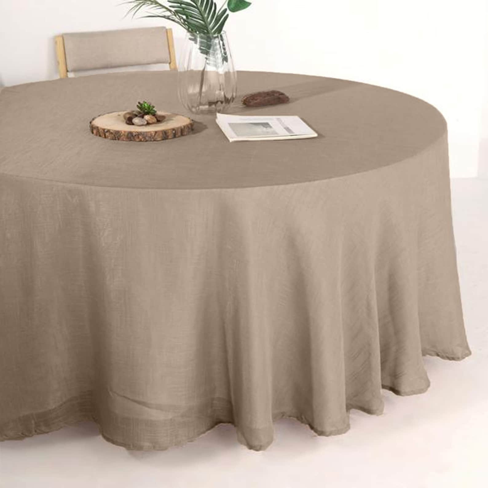120" Taupe Premium Faux Linen Round Tablecloth, Wrinkle Resistant Table ...