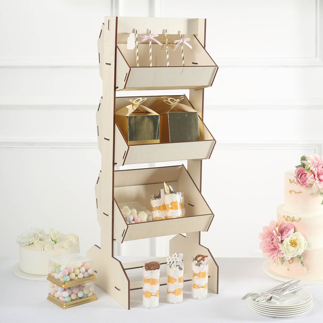 33" Natural Wood 3-tier Cupcake Stand, Floor Standing Display Rack ...