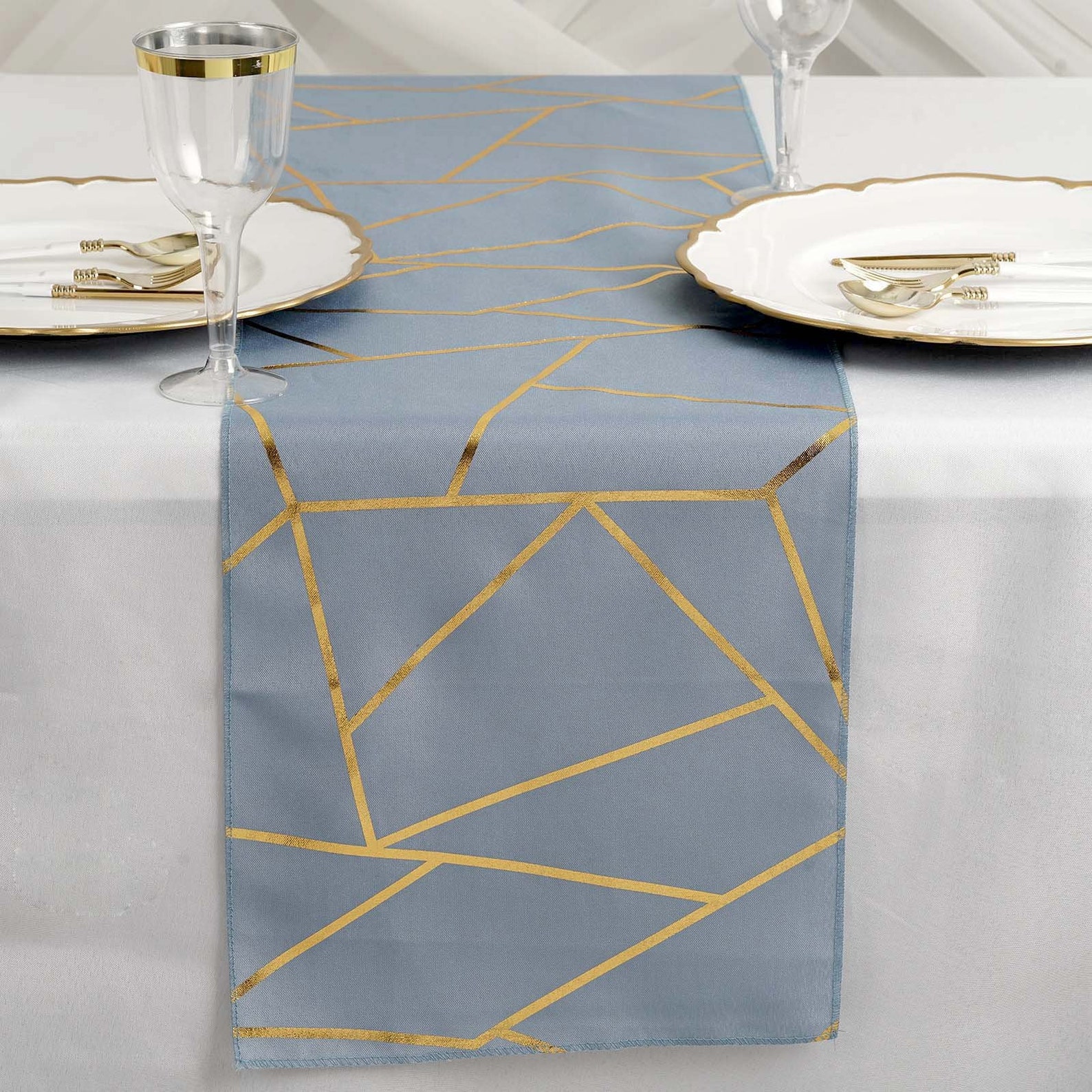 9 FT Dusty Blue Table Runner With Gold Foil Patterns, Geometric Table ...