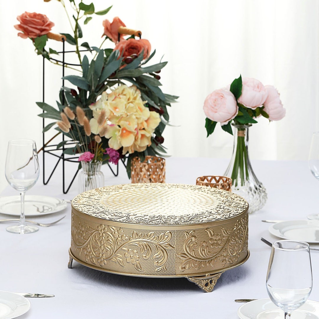 14" Embossed Round Cake Plateau, Gold Cake Stand, Metal Cake Stand ...