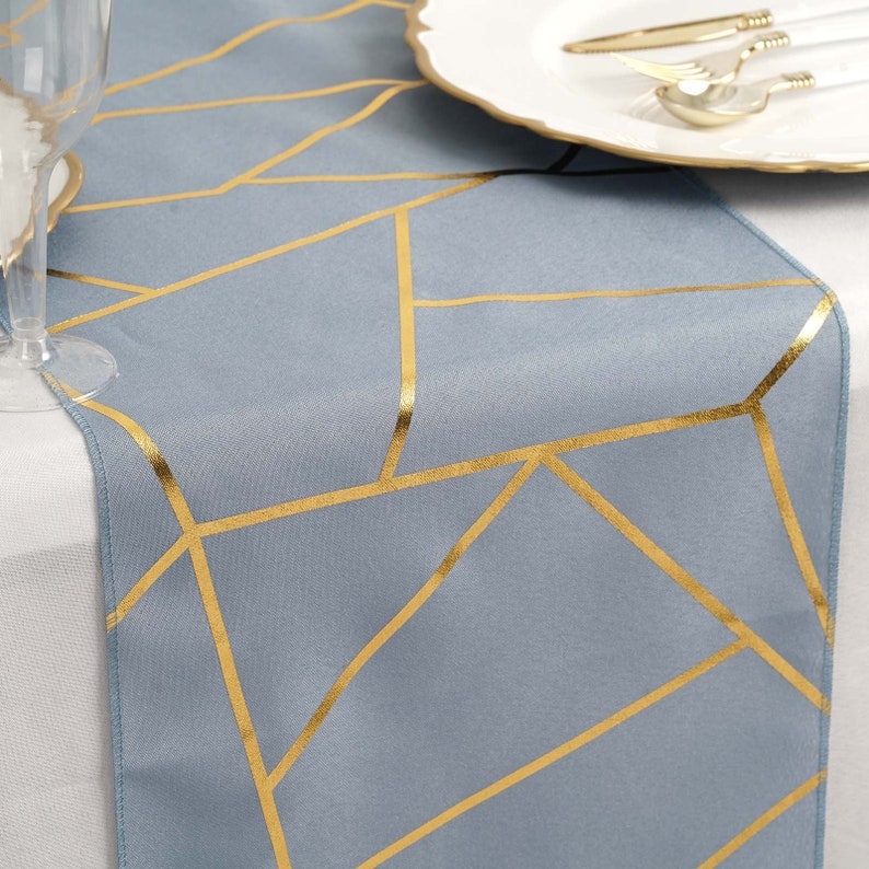 9 FT Dusty Blue Table Runner With Gold Foil Patterns, Geometric Table ...