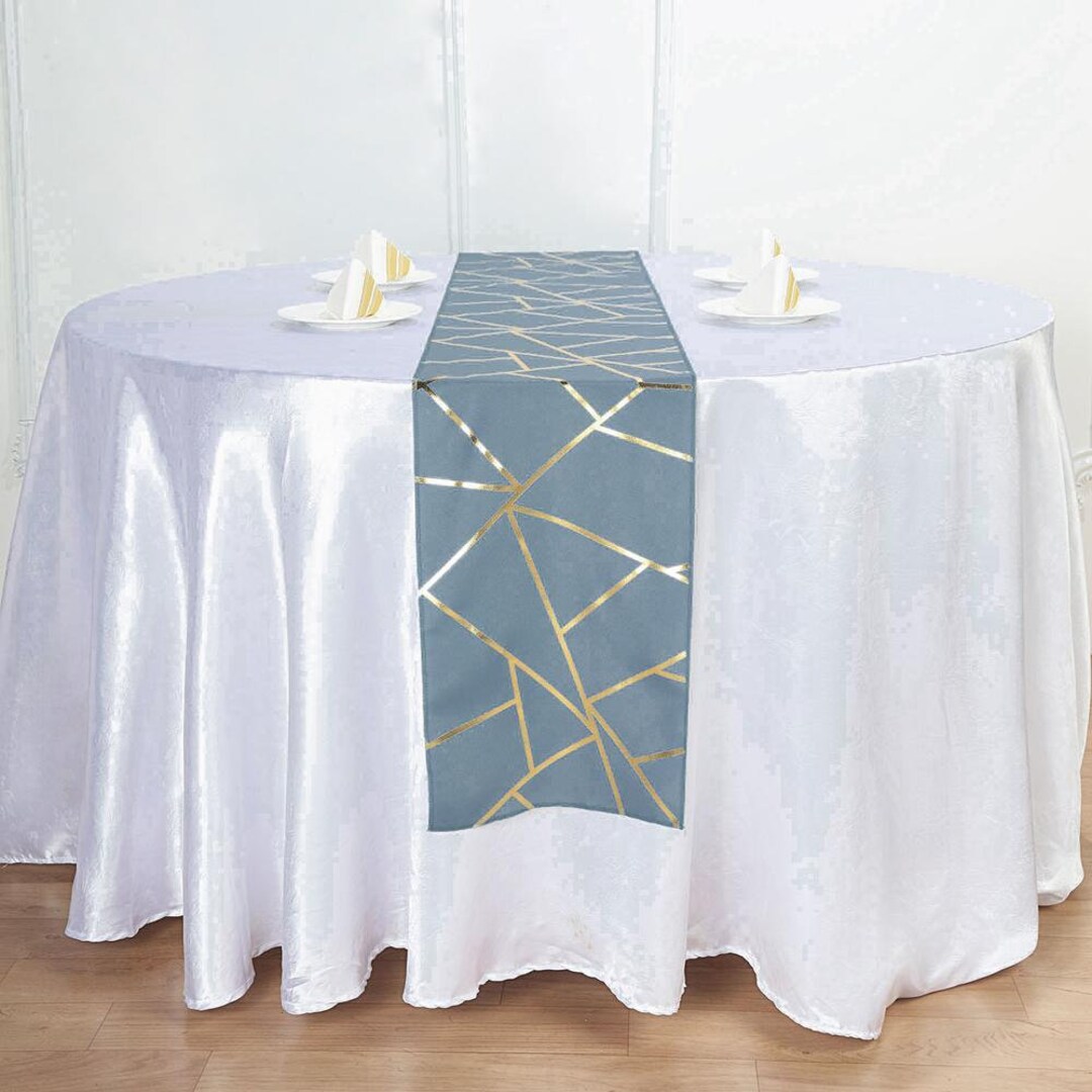 9 FT Dusty Blue Table Runner With Gold Foil Patterns, Geometric Table ...