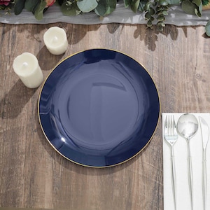 10 Pack | 10" Glossy Navy Blue Round Plastic Dinner Plates With Gold ...