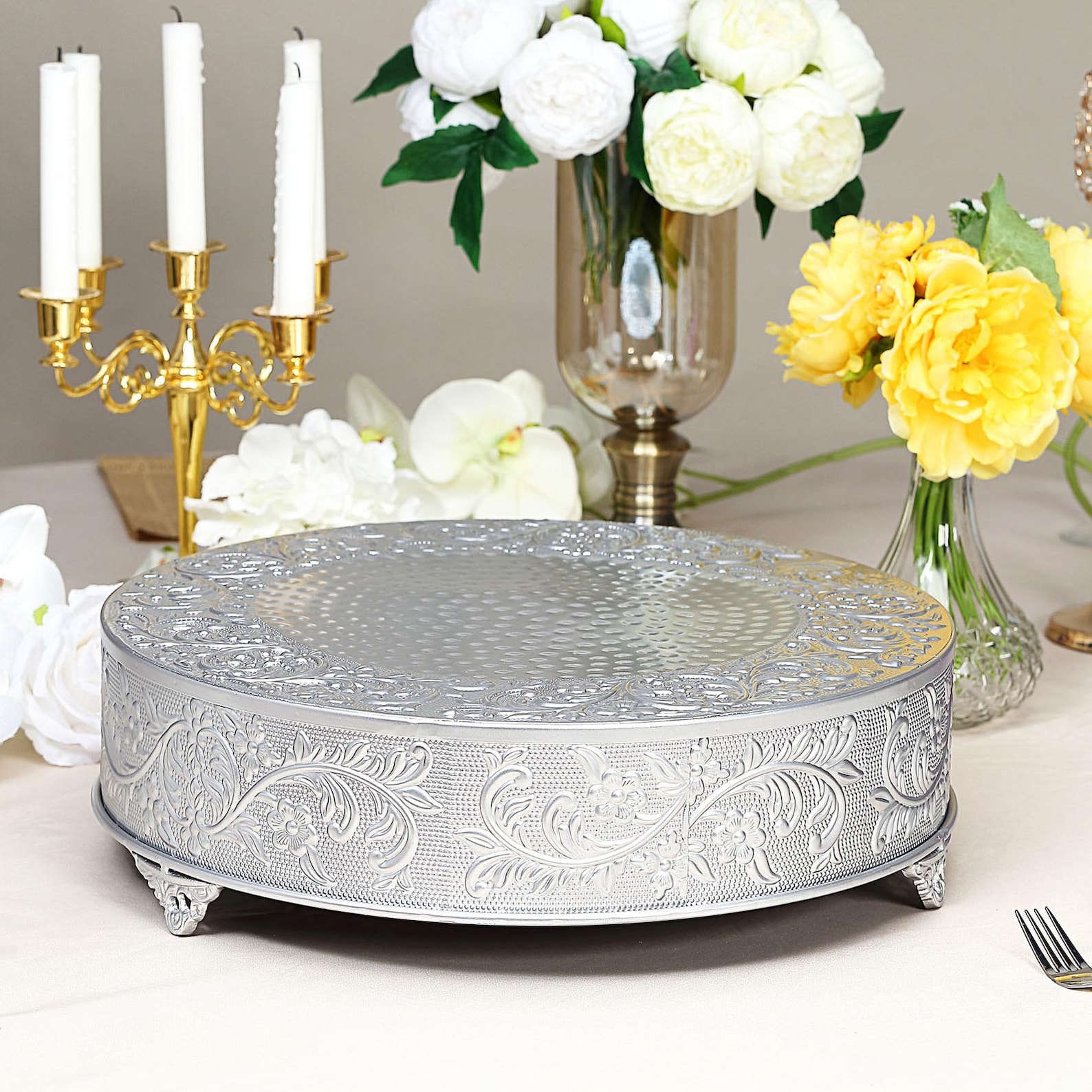 18" Embossed Round Cake Plateau, Silver Cake Stand, Metal Cake Stand ...