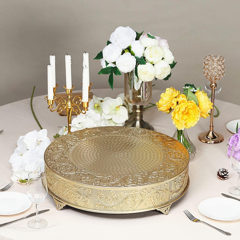 22" Embossed Round Cake Plateau, Gold Cake Stand, Metal Cake Stand ...