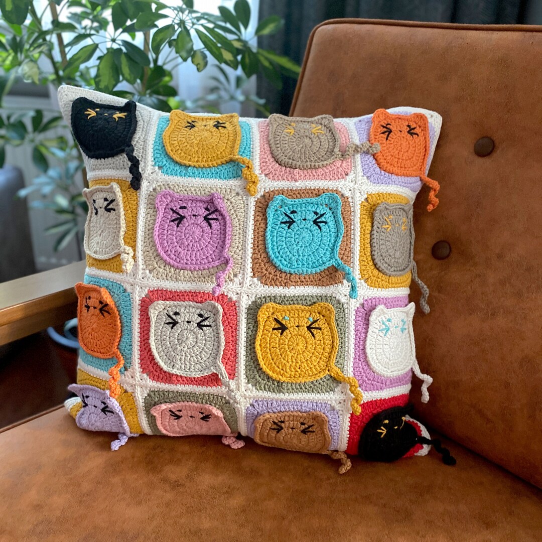 Cat Figured Pillow Case, Crochet Cats Pillow Case, , Cat Cushion Cover ...