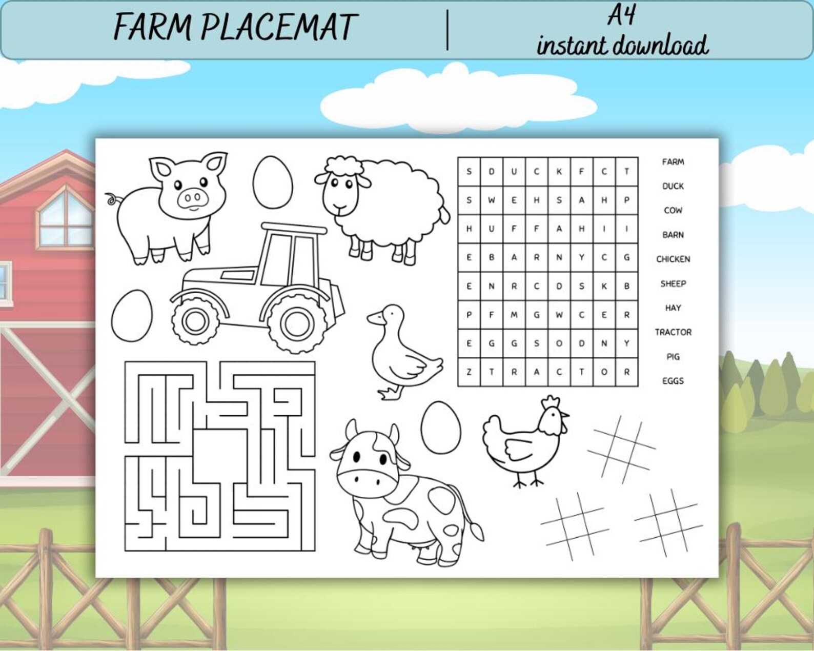 Printable Farm Animal Activity Placemat for Kids – A4 Colouring Page ...