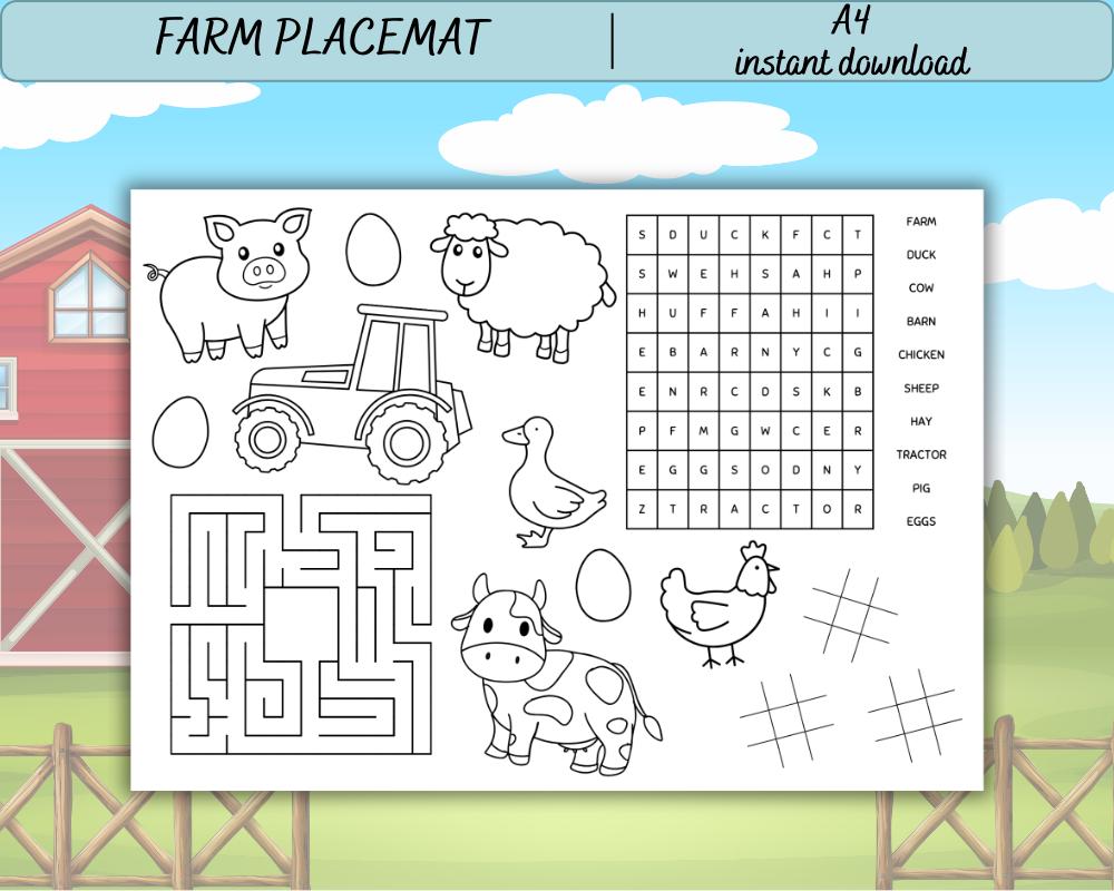 Printable Farm Animal Activity Placemat for Kids – A4 Colouring Page ...