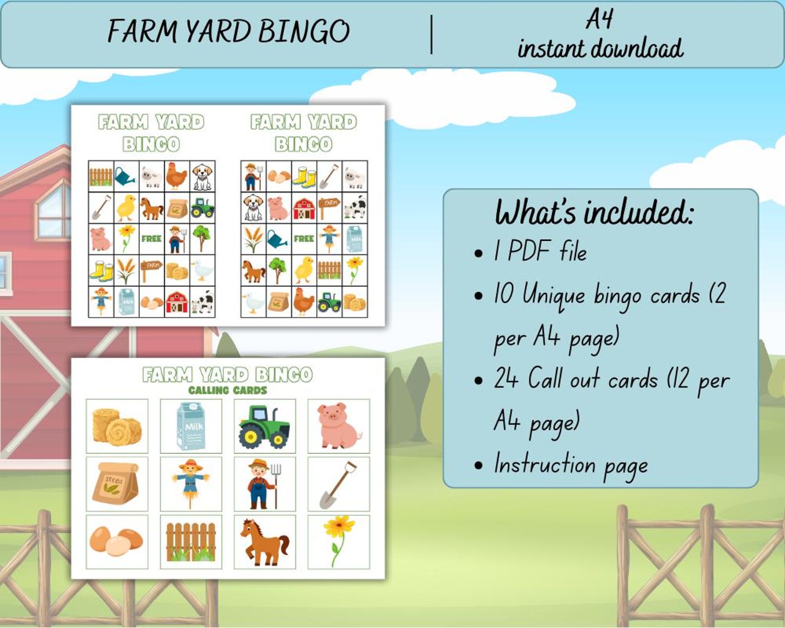 Farm Animal Bingo Game for Kids: 10 Cards + Calling Set (instant ...