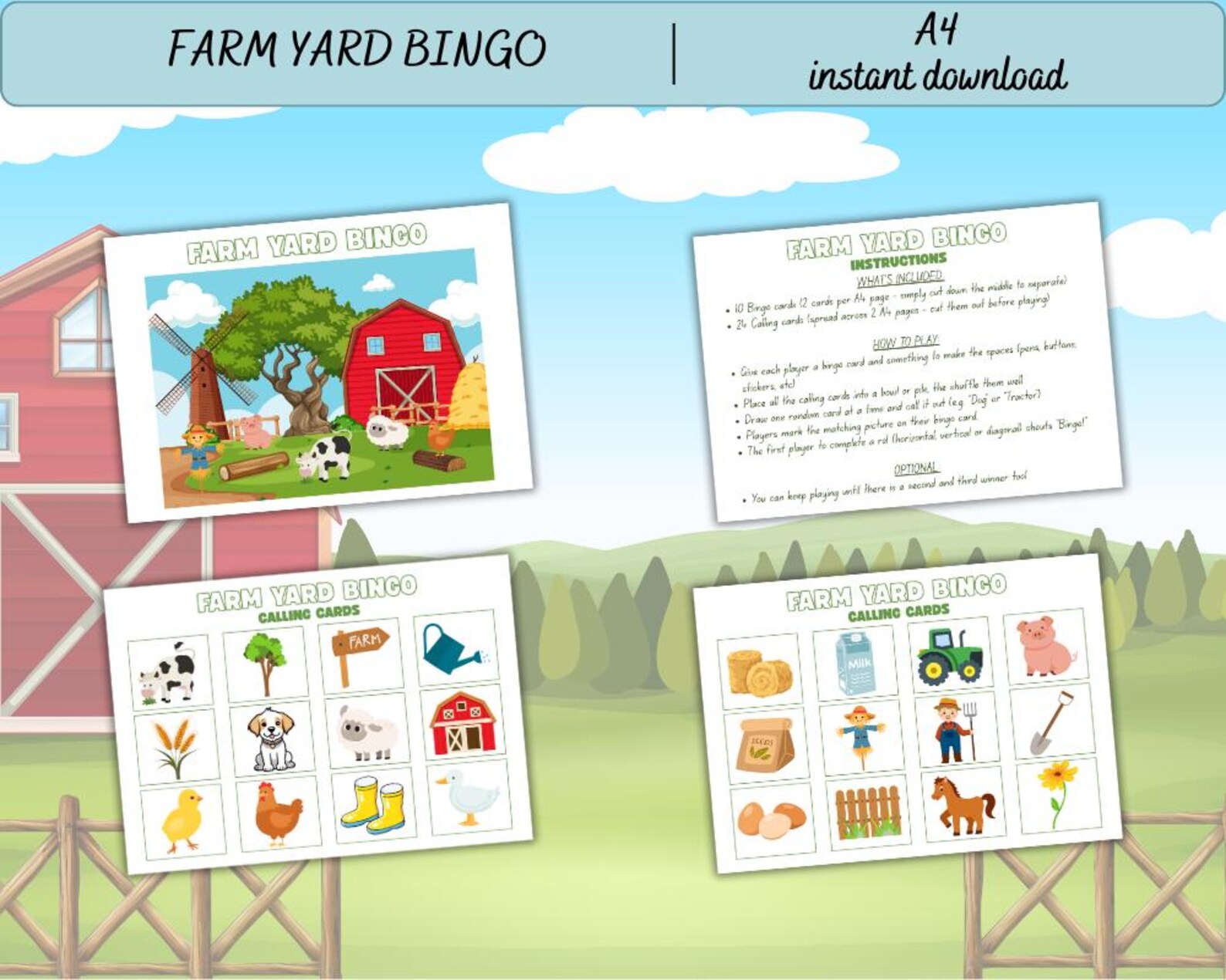 Farm Animal Bingo Game for Kids: 10 Cards + Calling Set (instant ...