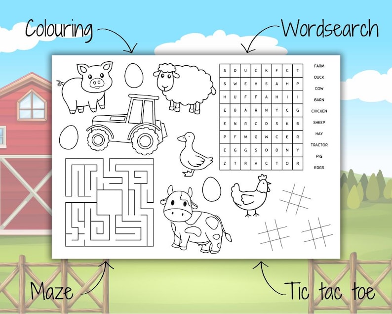 Printable Farm Animal Activity Placemat for Kids – A4 Colouring Page ...