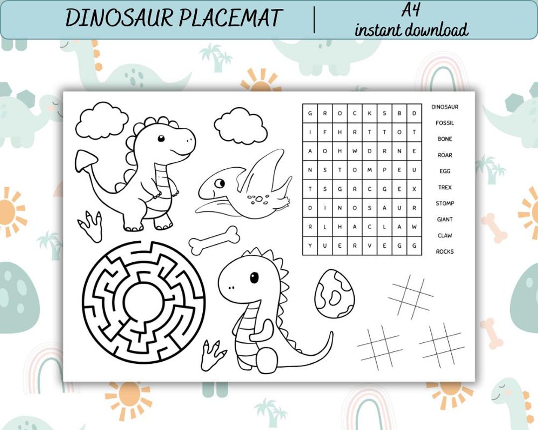 Printable Dinosaur Activity Placemat: A4 Coloring Games (digital ...