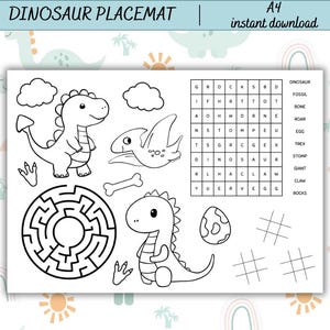 Printable Dinosaur Activity Placemat: A4 Coloring Games (digital ...