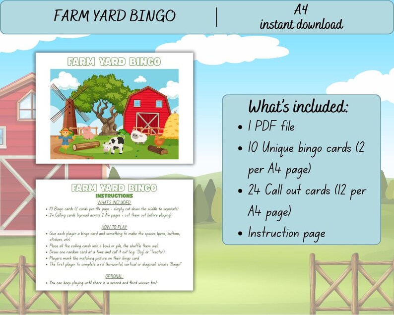 Farm Animal Bingo Game for Kids: 10 Cards + Calling Set (instant ...