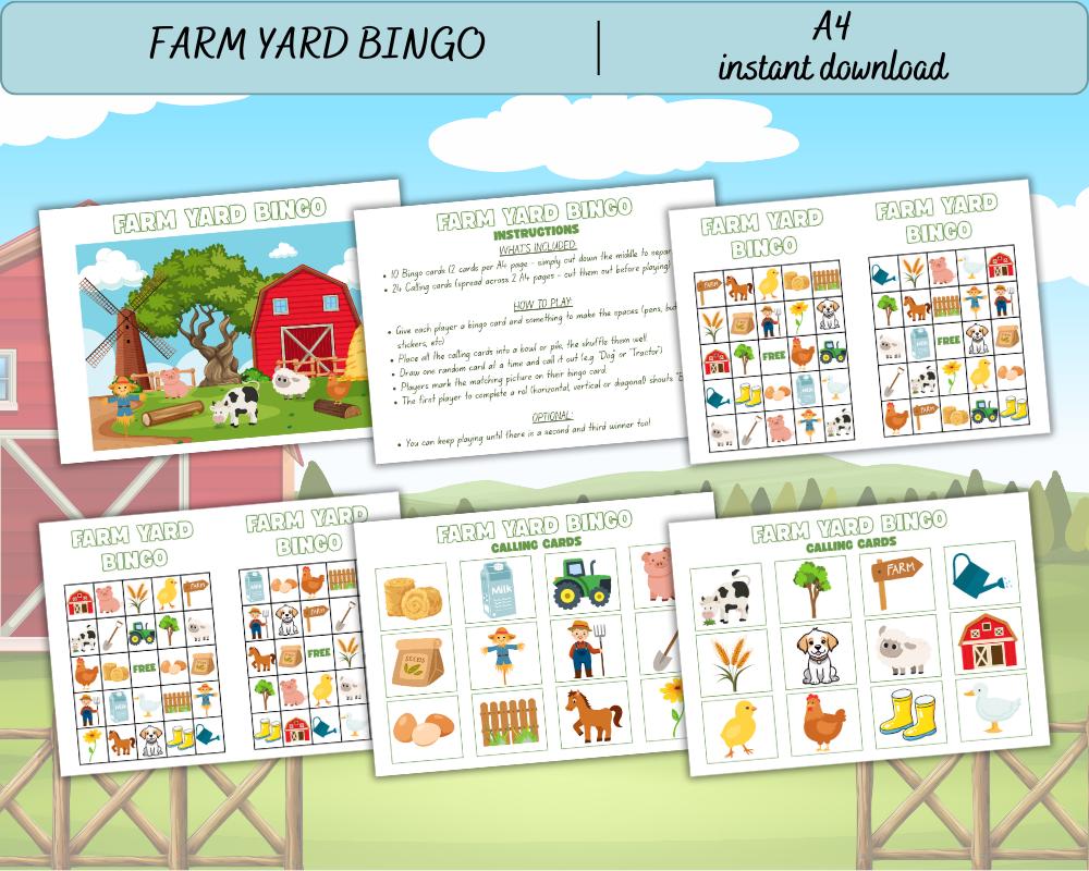 Farm Animal Bingo Game for Kids: 10 Cards + Calling Set (instant ...