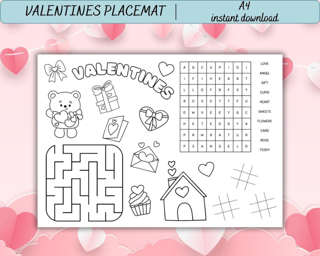 Valentine’s Day Activity Placemat for Kids | Printable Coloring Page ...