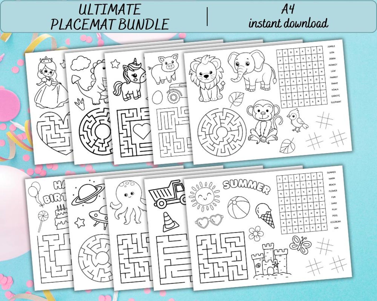 Printable Kids Placemat Bundle: 10 Themed Activity Mats (digital ...