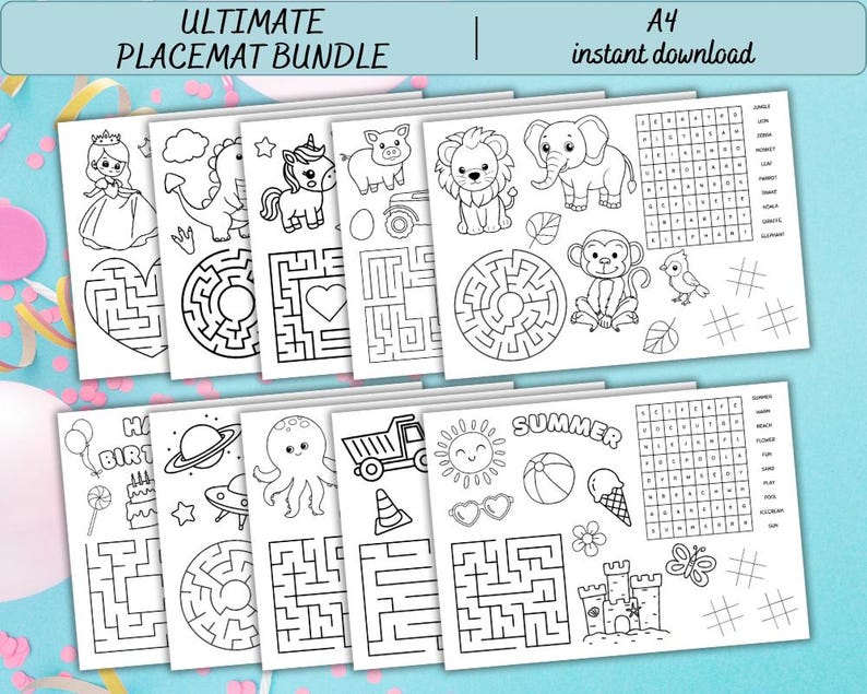 Printable Kids Placemat Bundle: 10 Themed Activity Mats (digital ...