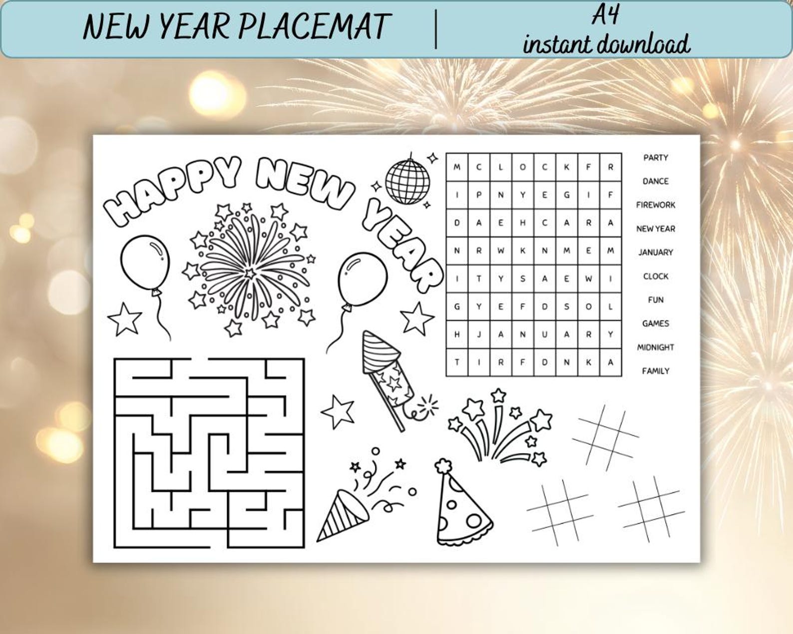 New Year Activity Placemat for Kids | Printable Games (PDF) - Etsy