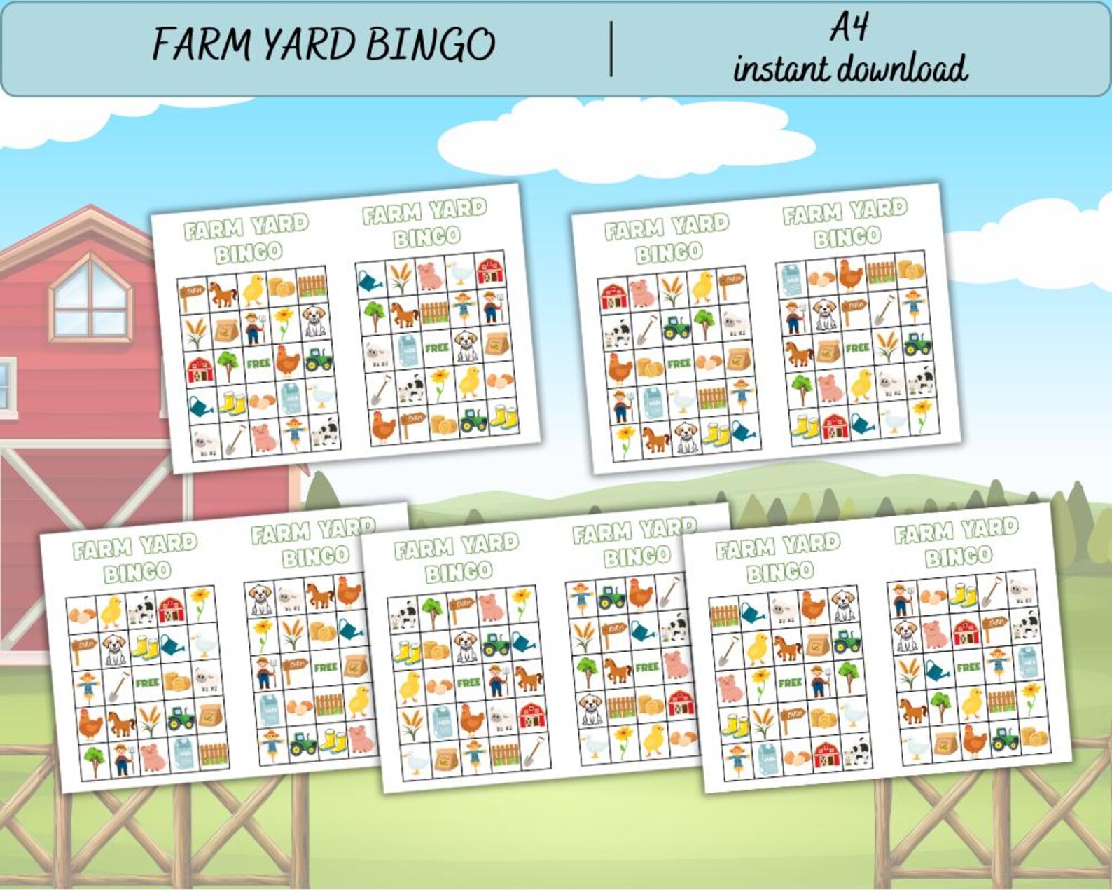 Farm Animal Bingo Game for Kids: 10 Cards + Calling Set (instant ...