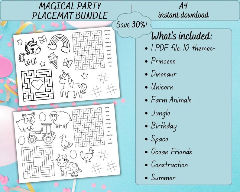Printable Kids Placemat Bundle: 10 Themed Activity Mats (digital ...