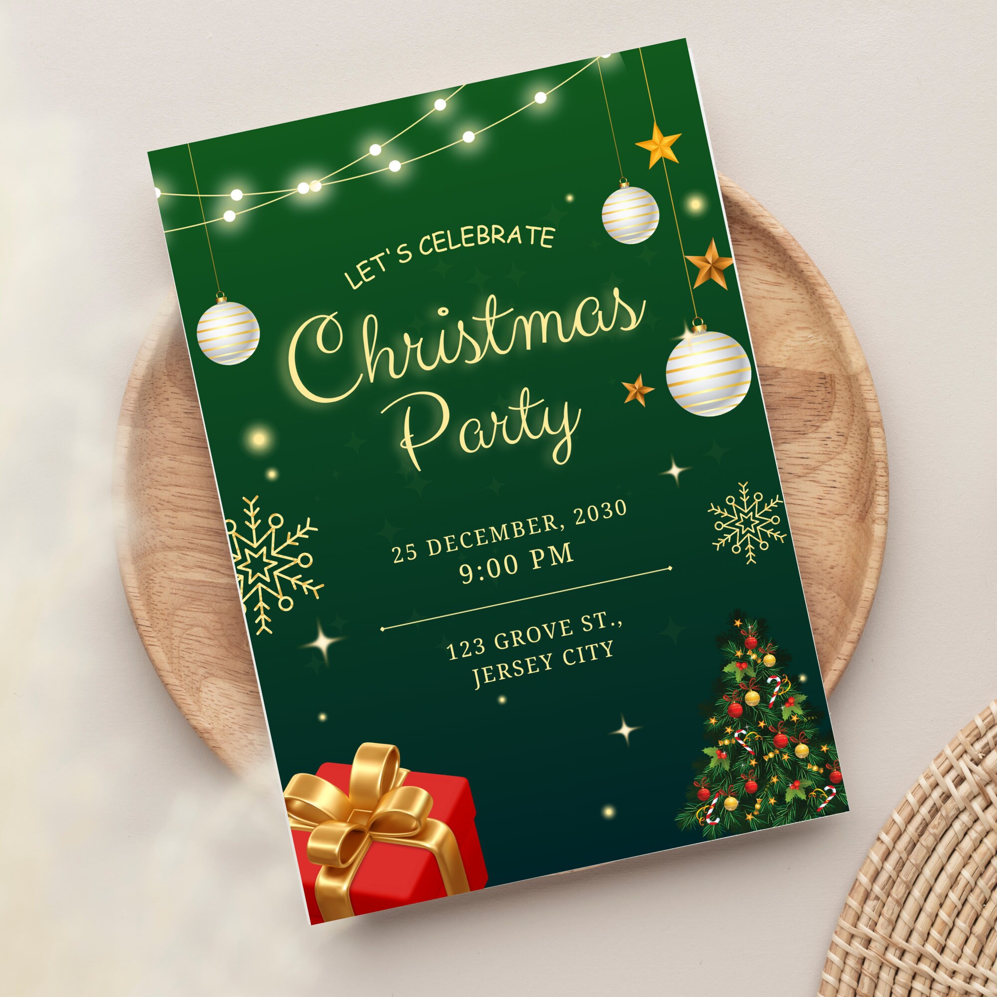 Green Light Christmas Party Invitation Template, Christmas Party Invite ...
