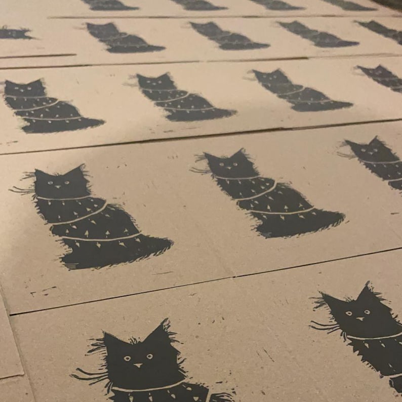 Kitten Christmas Cards, Cat Gift Cards Handmade Lino Print - Etsy