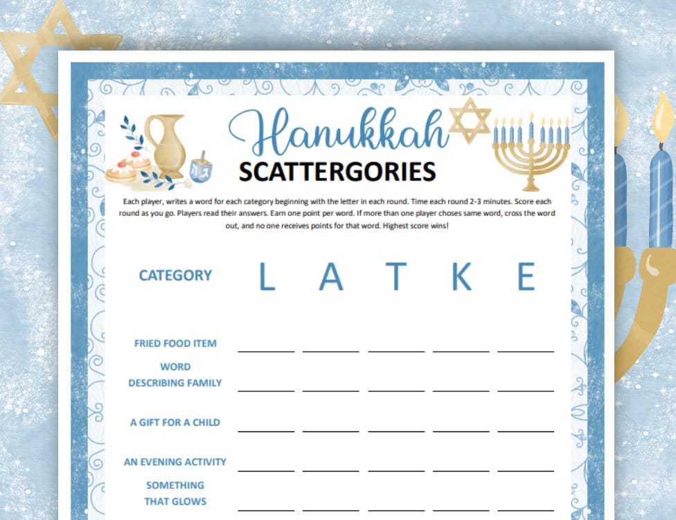 Hanukkah Scattergories, Printable Chanukah Games for Kids, Adults and ...