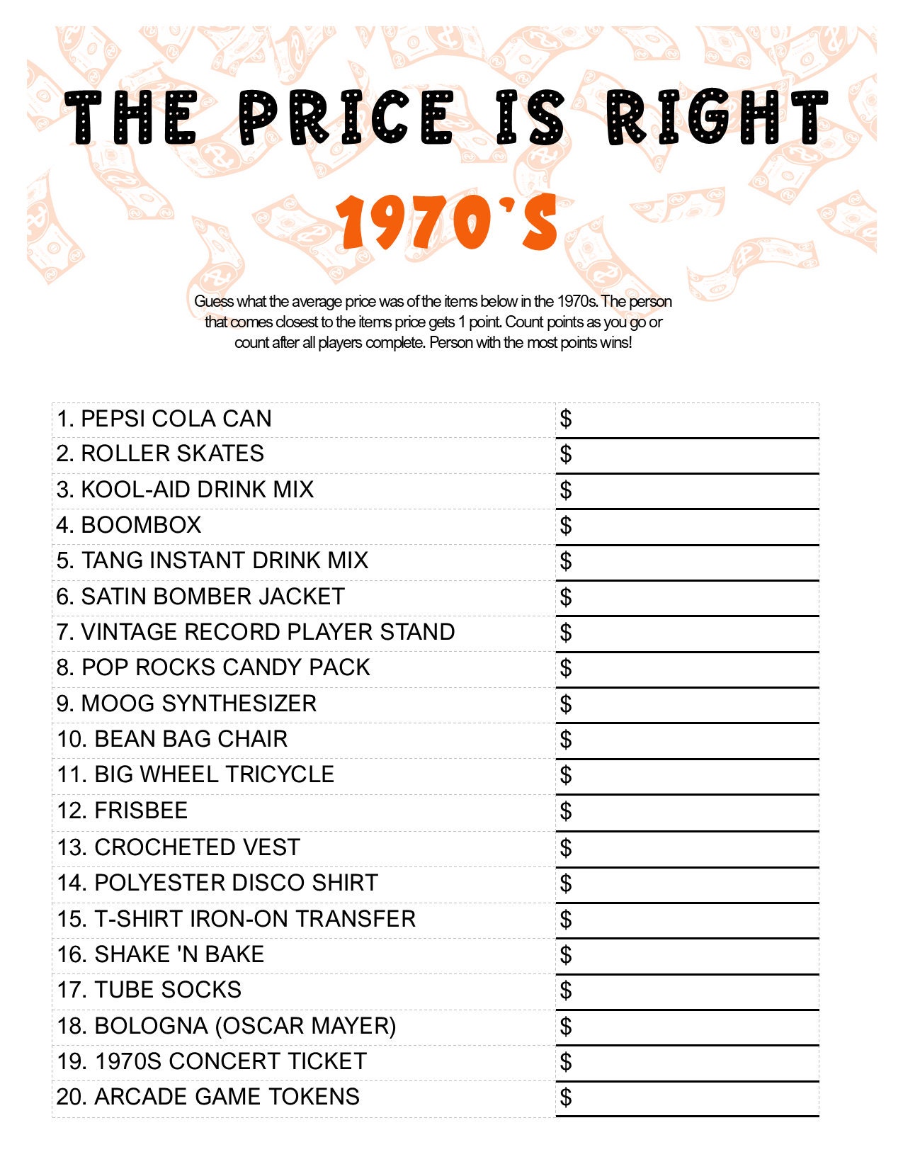 Printable 1970's the Price is Right Game: Bring the Classic Game Show ...