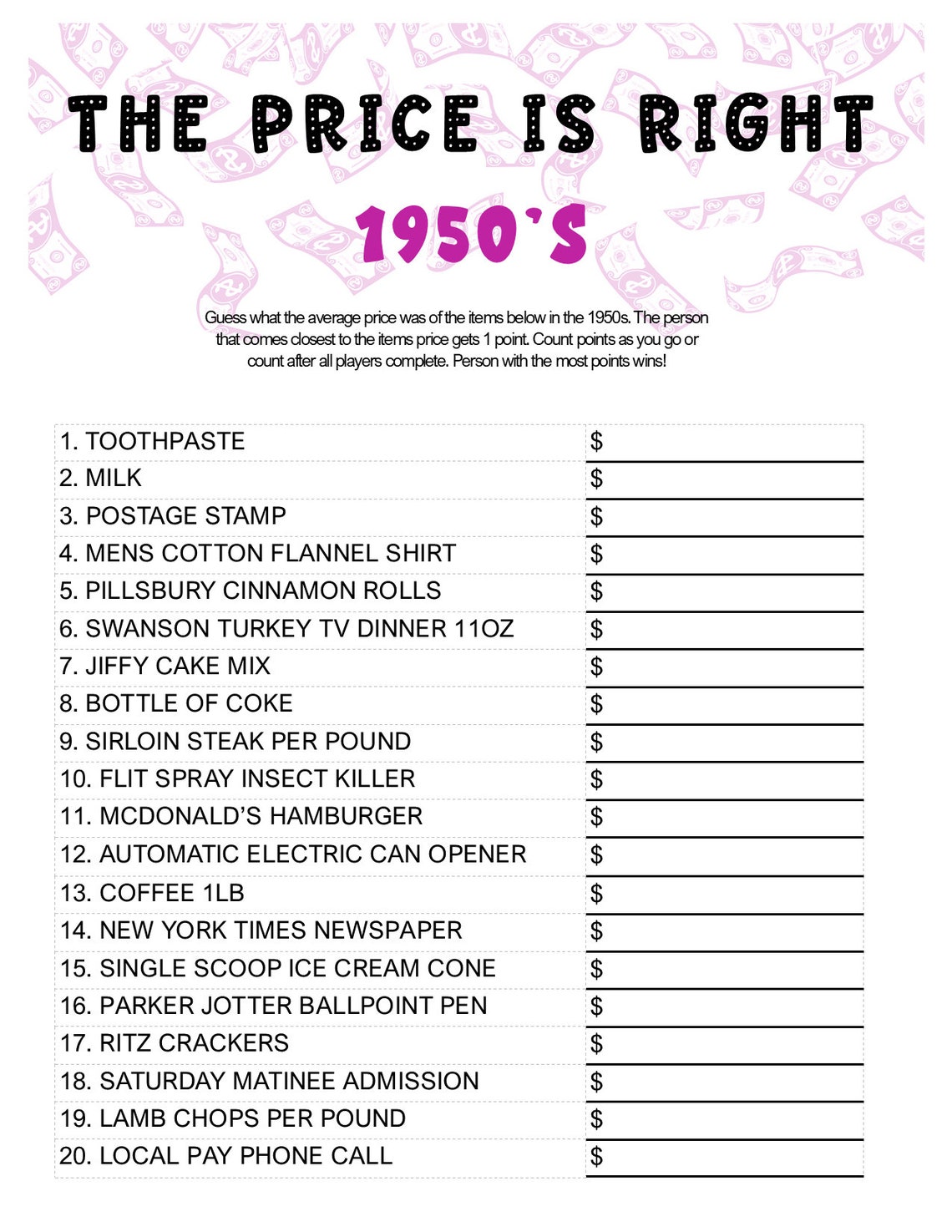 Printable 1950's the Price is Right Game: Bring the Classic Game Show ...