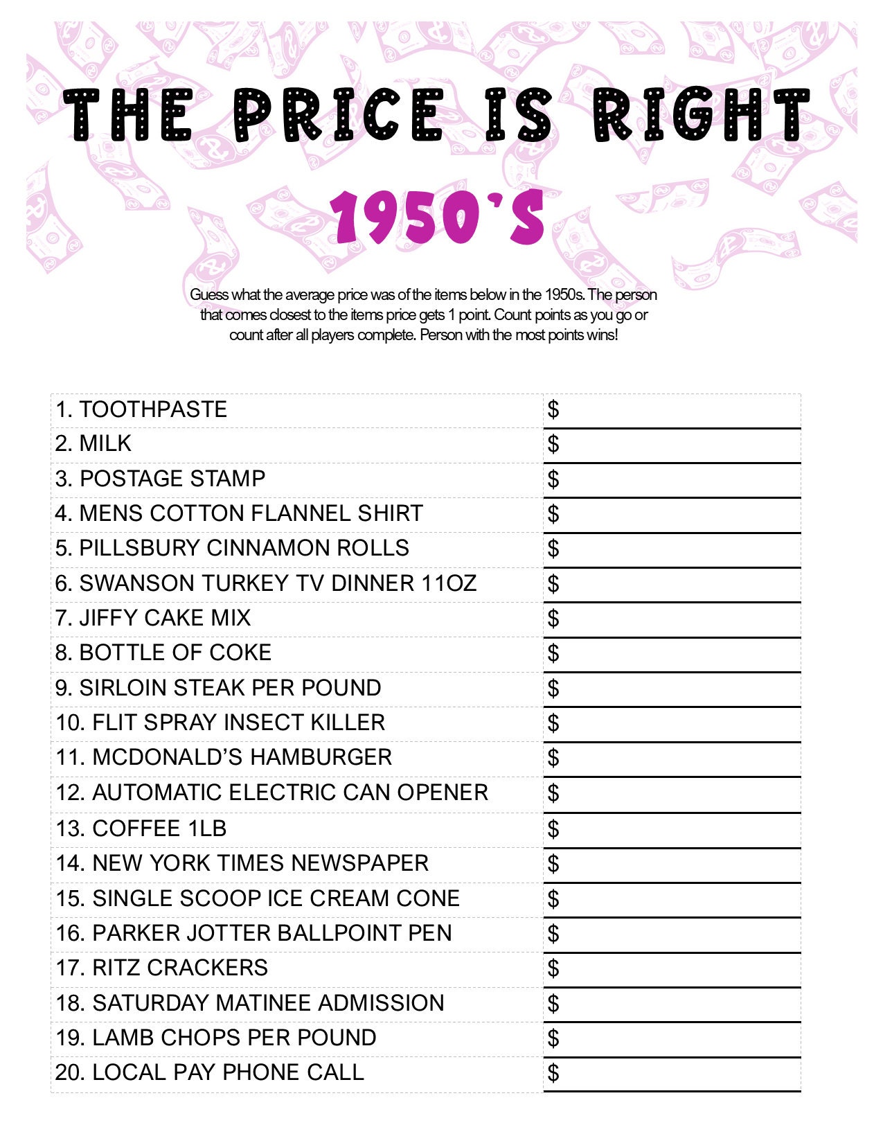 Printable 1950's the Price is Right Game: Bring the Classic Game Show ...