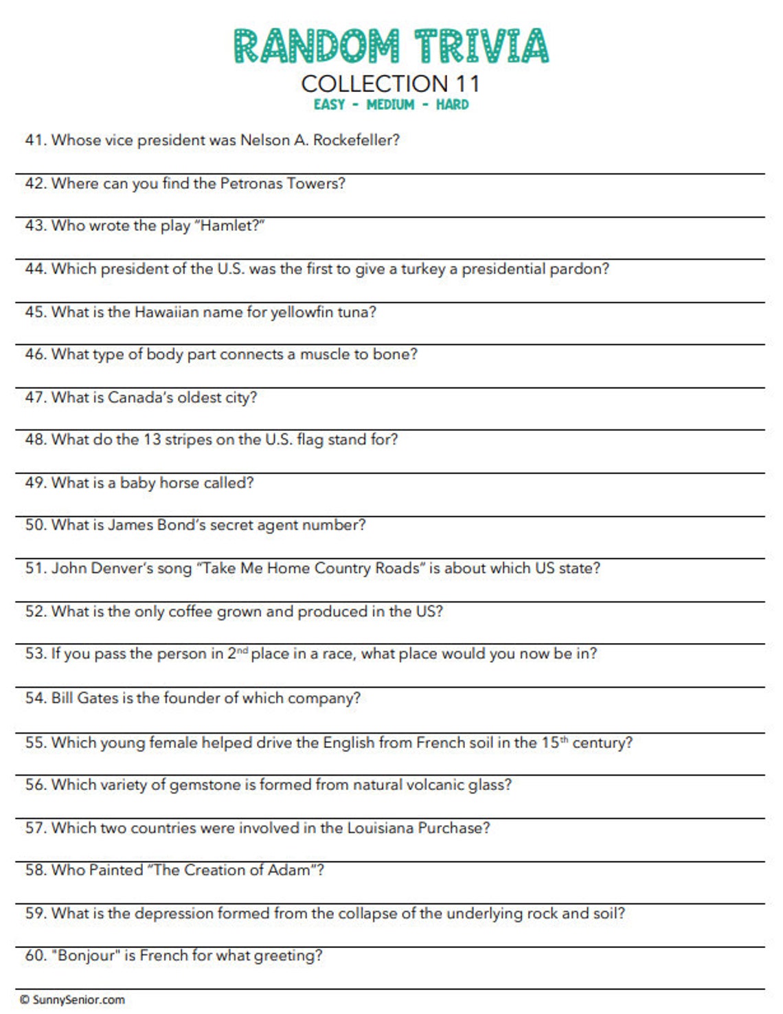 1200 Random Trivia Questions, Printable PDF, Designed for Seniors ...