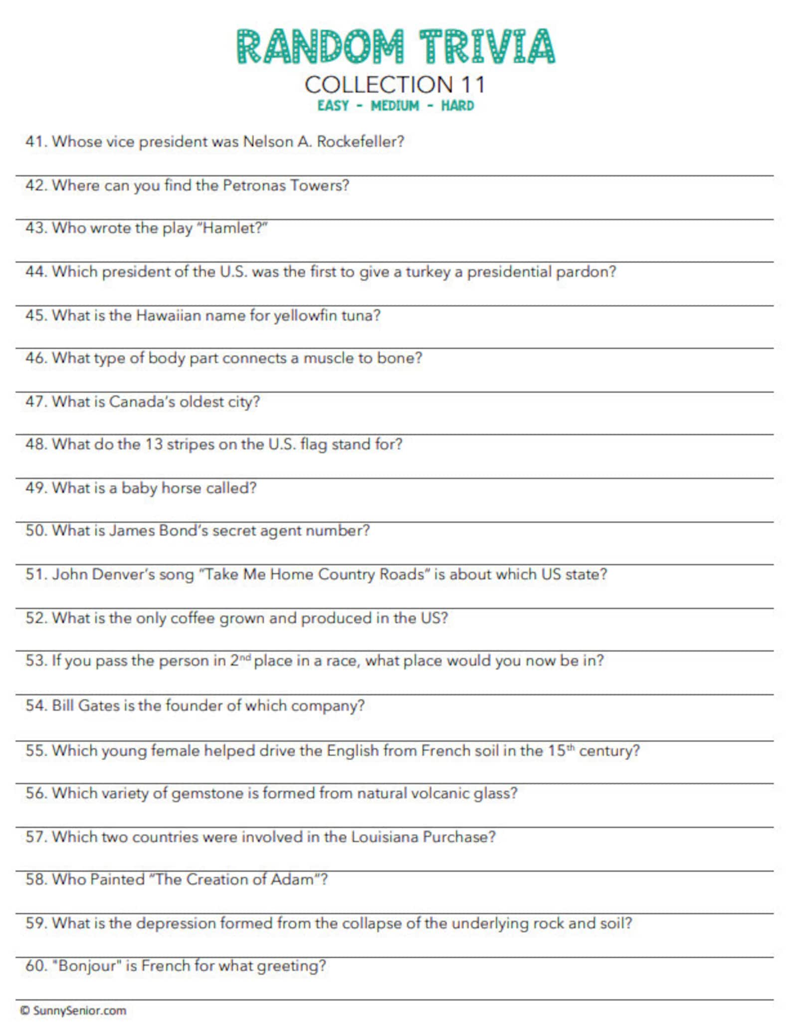 1200 Random Trivia Questions, Printable PDF, Designed for Seniors ...