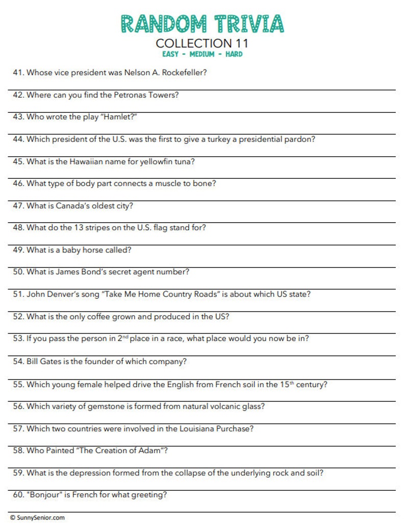 1200 Random Trivia Questions, Printable PDF, Designed for Seniors ...