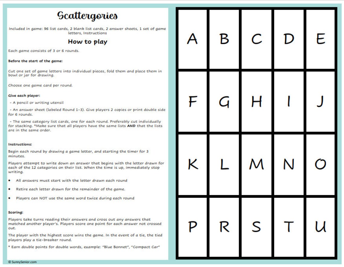 Scattergories Printable Game for Seniors: Classic Word Game (instant ...