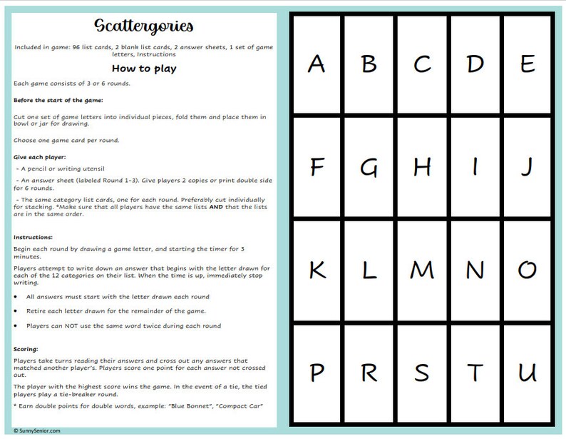 Scattergories Printable Game for Seniors: Classic Word Game (instant ...