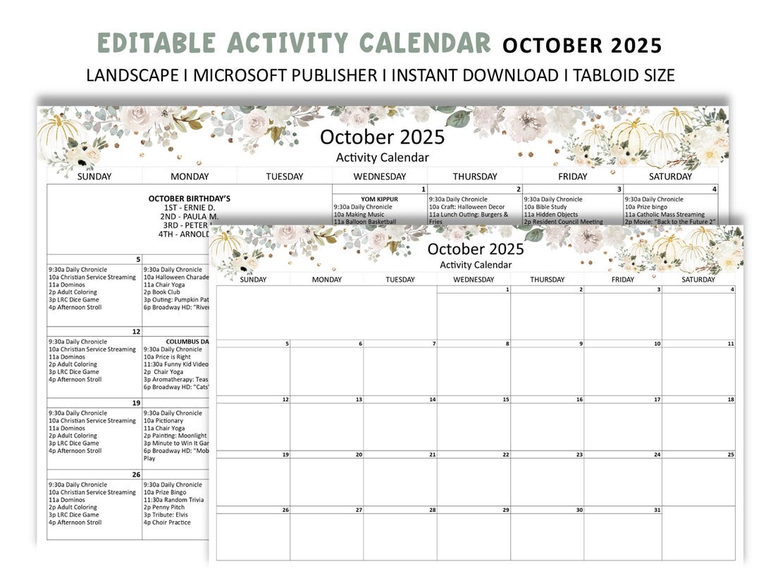 October 2025 Editable Monthly Activities Calendar for Senior Living ...
