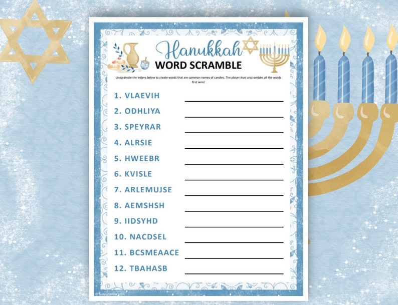 Hanukkah Games Word Scramble, Printable Chanukah Games for Kids, Adults ...